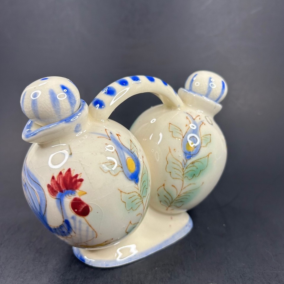 Nasco Hand Painted Blue Multicolor Rooster Oil & Vinegar Cruet Set ...