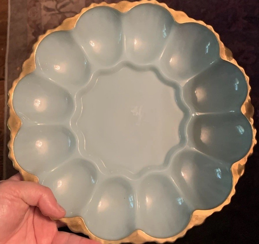 Vtg Blue Delphite Devil Egg/Oyster Serving Glass Dish Gold Trim | eBay