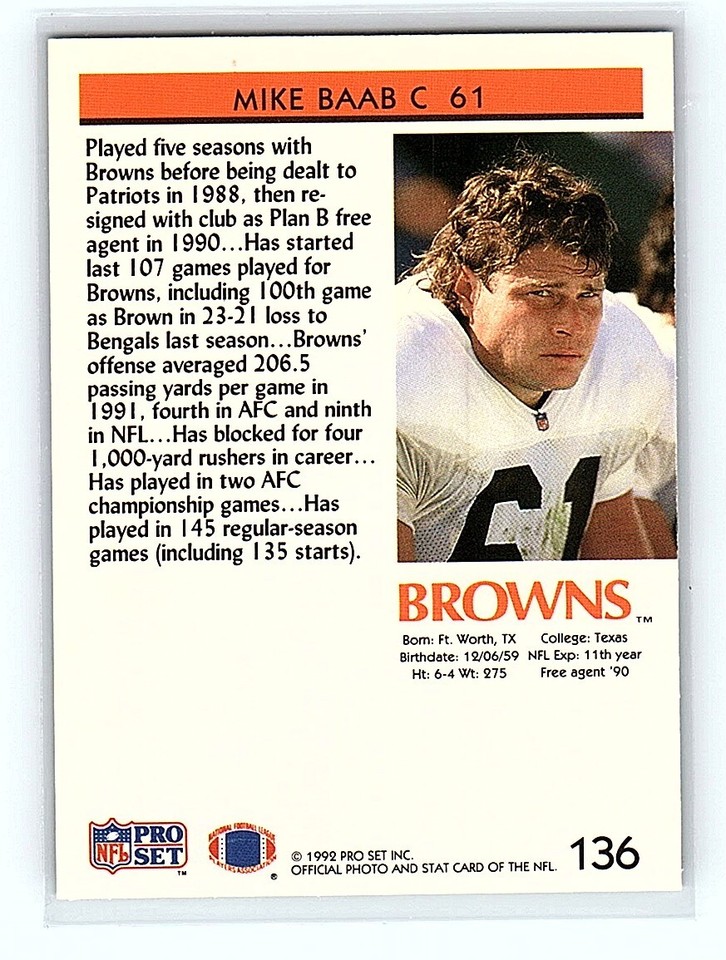 1992 Pro Set Mike Baab Cleveland Browns #61 | eBay