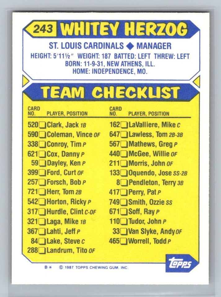 1987 Topps TIFFANY Whitey Herzog #243 - St. Louis Cardinals - Glossy | eBay