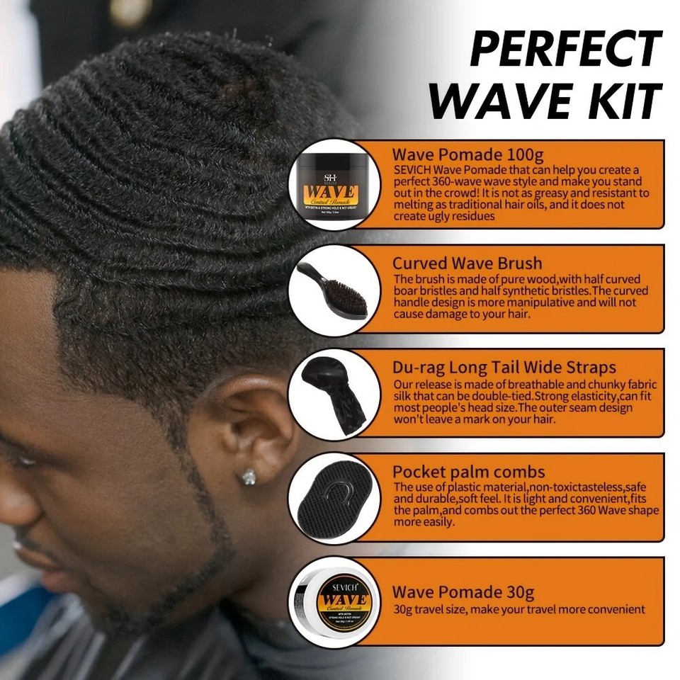 7pcs/Set Wave Pomade Kit 360 Deep Waves Control Strong Hold Wavy Hair ...