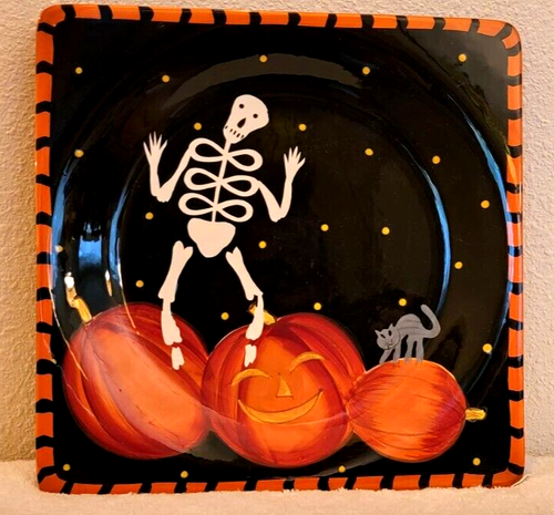 Laurie GATES WARE Serving Platter Halloween SKELETON PUMPKINS CAT 11x11 ...