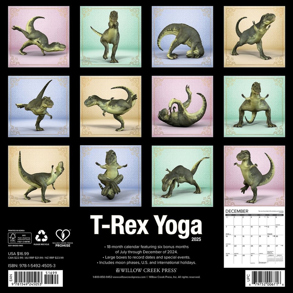 Willow Creek T-Rex Yoga 2025 12 x 12 Wall Calendar w 679752006686| eBay