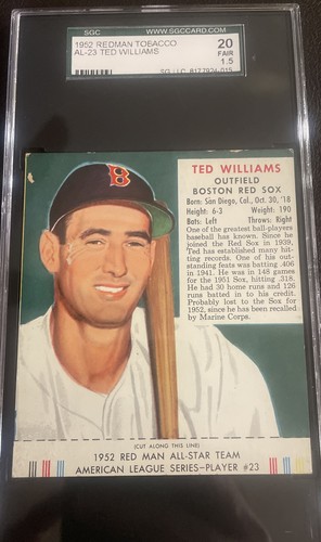 1952 Red Man Tobacco With Tab Baseball #23 Ted Williams Red Sox SGC 1.5 ...