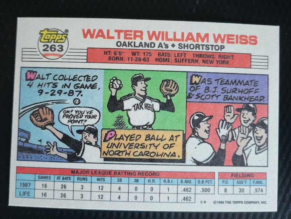 1988 Topps Big WALT WEISS Oakland Athletics MLB Baseball Card #263 ...