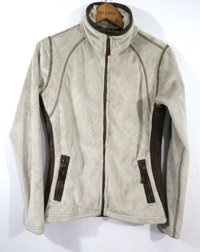 Kuhl Full Zip Fleece Jacket Faux Leather Trim Womens XS Natural Tan ...