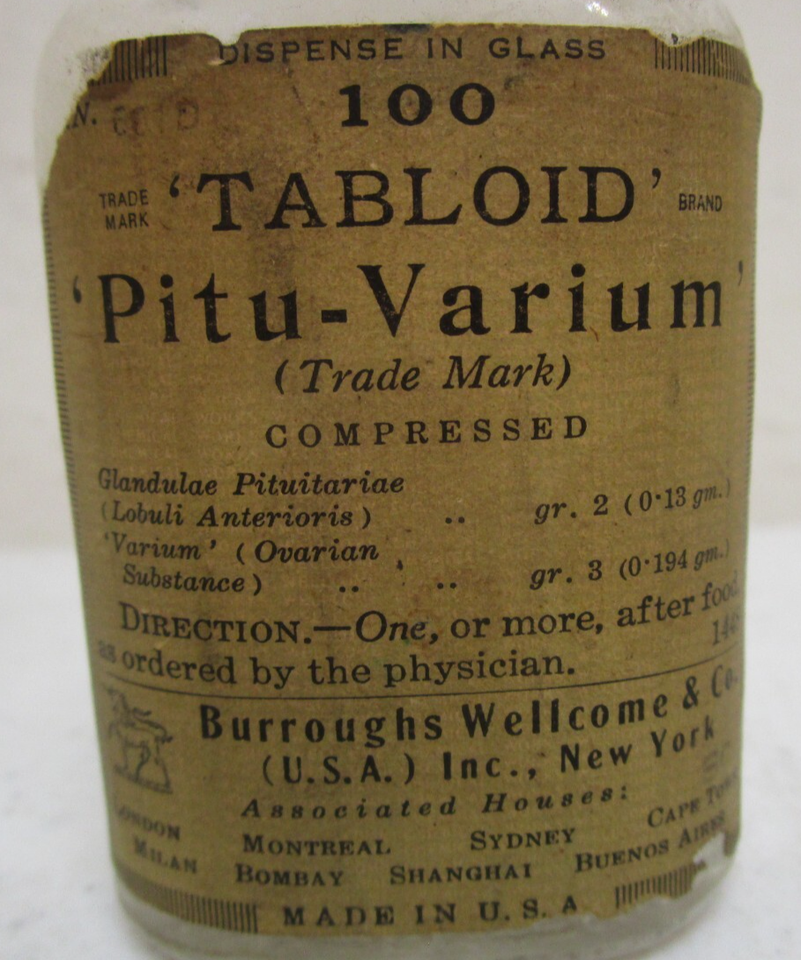 ANTIQUE BURROUGHS WELLCOME & CO. TABLOID PITU-VARIUM GLASS BOTTLE DRUG ...