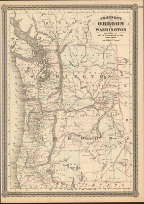 1870 Johnson Washington & Oregon antique map 17.8" x 12.7" spirograph ...