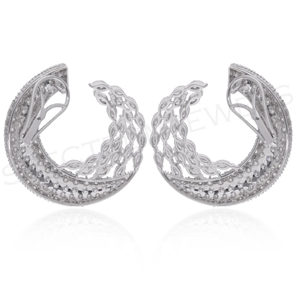 Natural SI/H Marquise Round Diamond Hoop Earrings 18k White Solid Gold ...