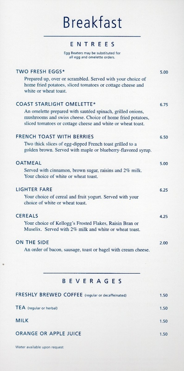Amtrak Dining Car Menu
