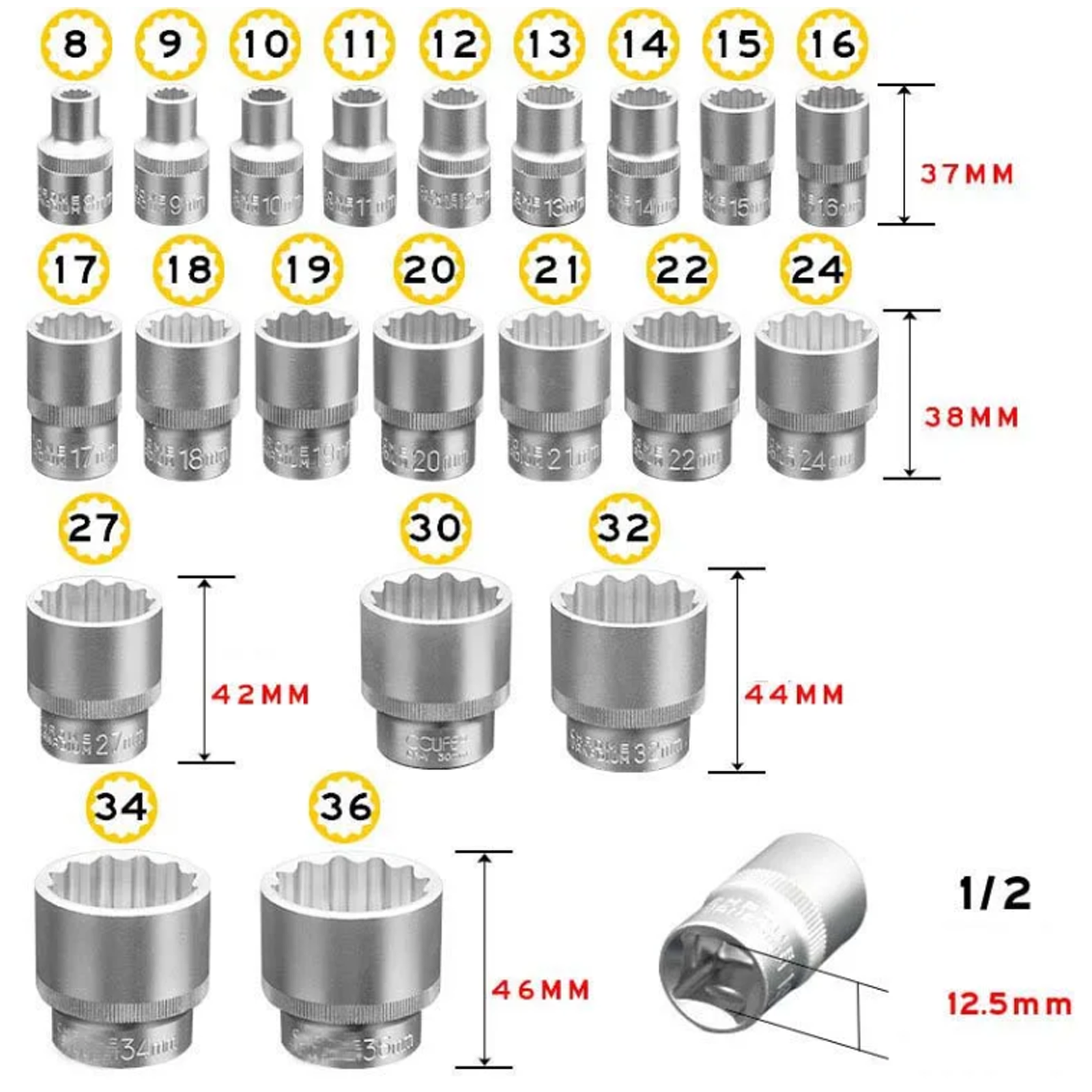 21tlg 1/2" Steckschlüssel Vielzahn Nuss Satz Stecknuss für 6 und 12 ...