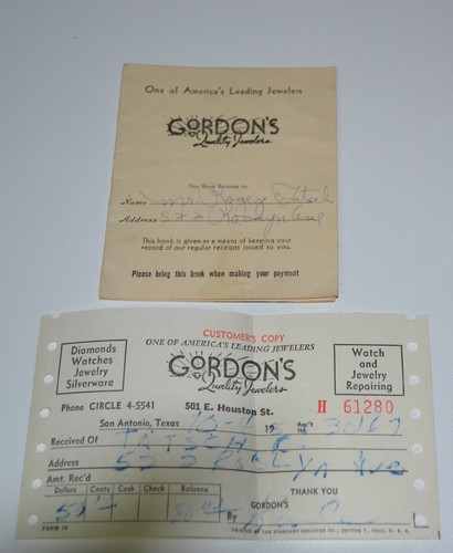 Vintage 1950s Mid Century Gordon's Quality Jewelers Receipt and Payment ...