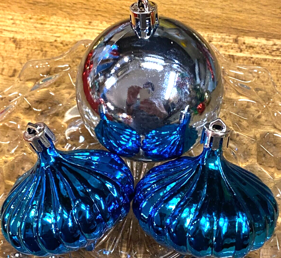3 Shiny Blue Ball & Drop Plastic Christmas Ornaments 2" | eBay