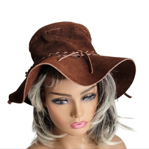 Vintage leather brown Hippie floppy Hat braid Mexico 21.5" Mishappen | eBay