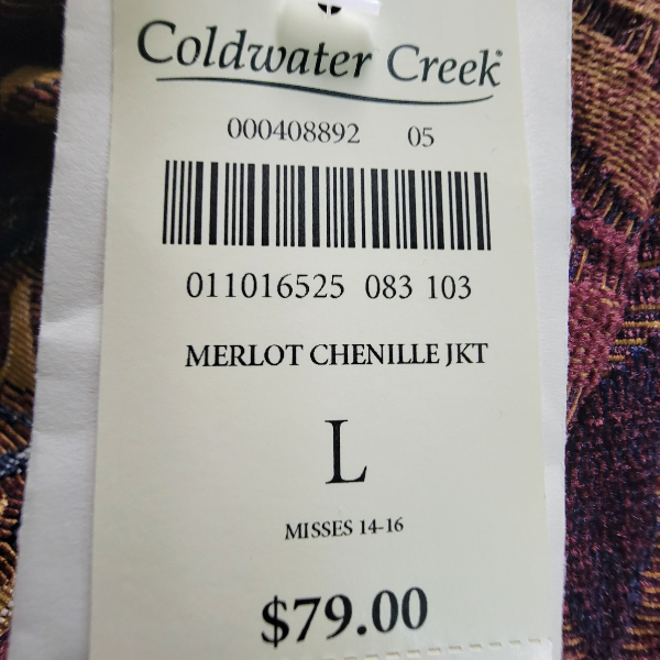 Coldwater Creek Merlot Chenille Jacket Large Misses 14-16 *NWT $79* MPN ...