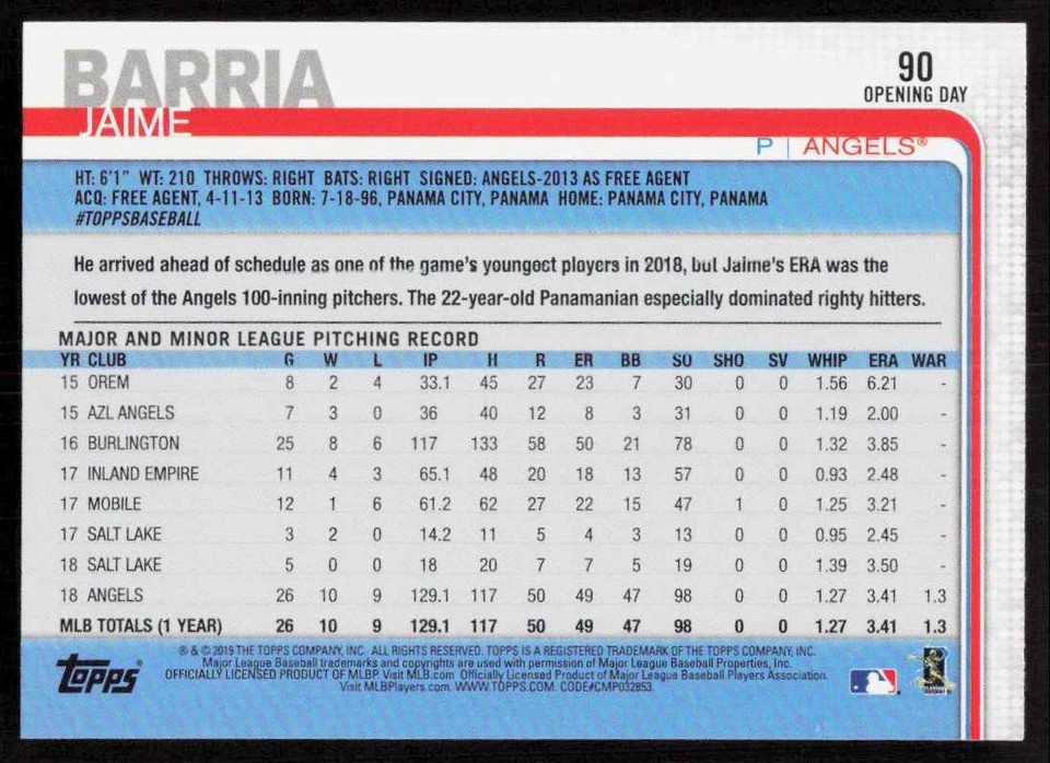 2019 Topps Opening Day Jaime Barria Los Angeles Angels #90 | eBay
