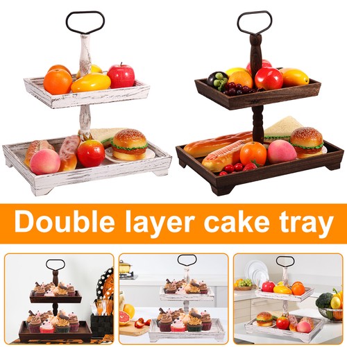 2-Tier Tray Stand Wooden Rectangle Tiered Food Tray Rustic Tiered ...