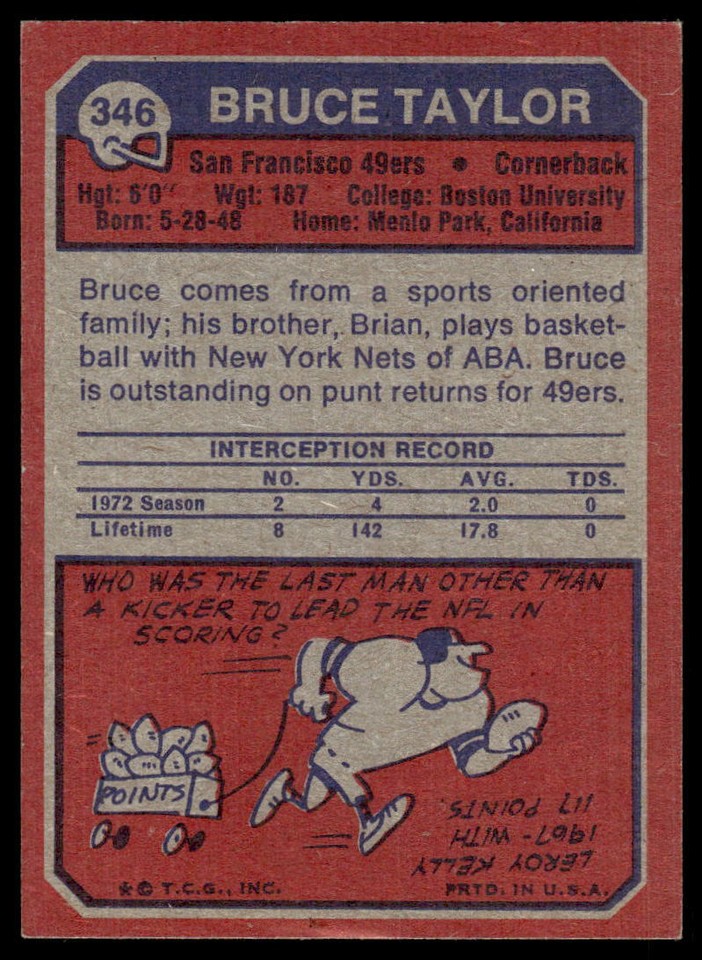 1973 Topps Bruce Taylor #346 San Francisco 49ers Football Card | eBay