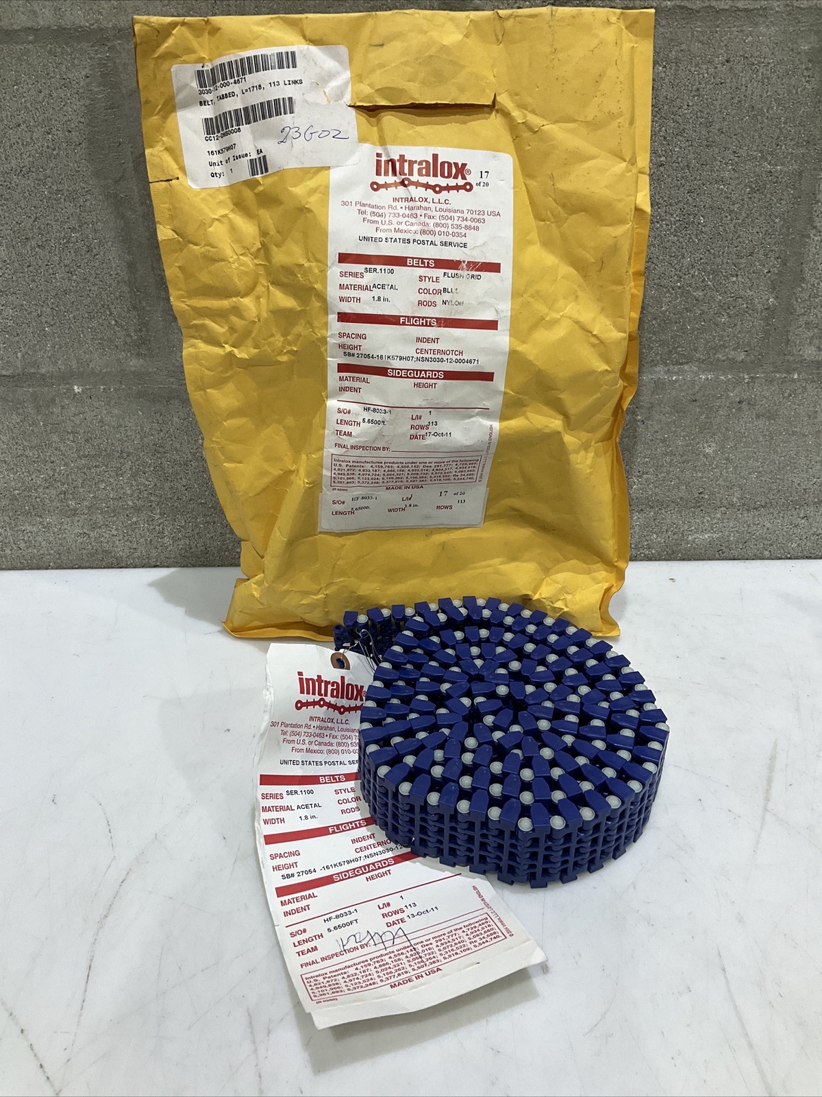 INTRALOX HF-8033-1 TABBED BELT 113 LINKS 5.60 FT X 1.8 IN BLUE NYLON ...