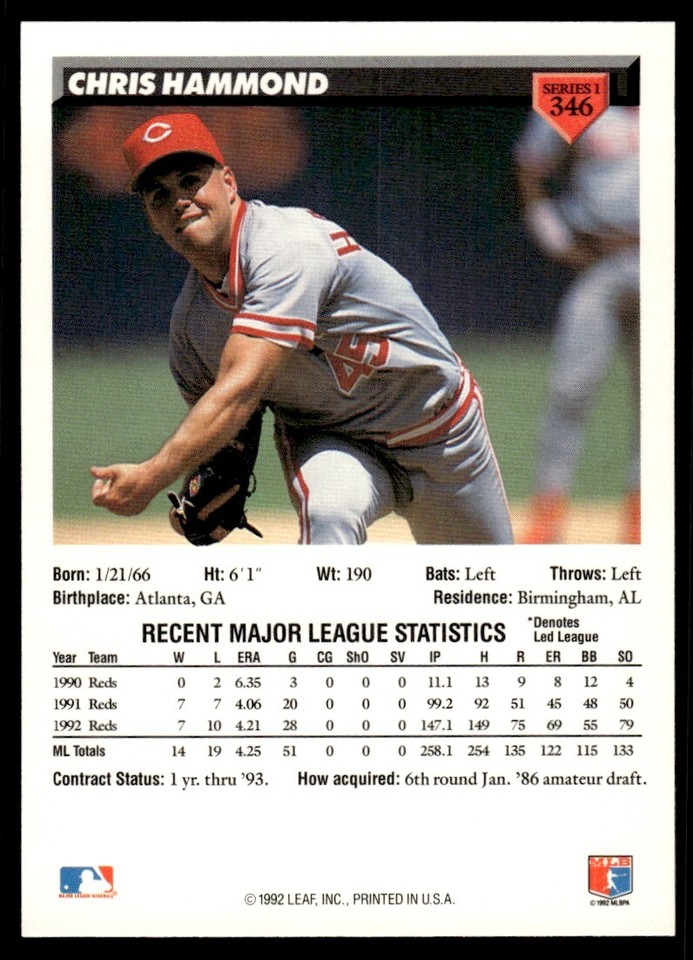 1993 Donruss Baseball Card Chris Hammond Cincinnati Reds #346 | eBay