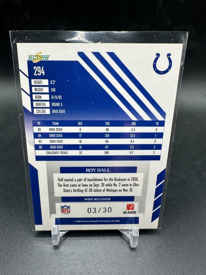 2007 Score Select Roy Hall RED ZONE /30 Rookie Atlanta Falcons Ohio ...