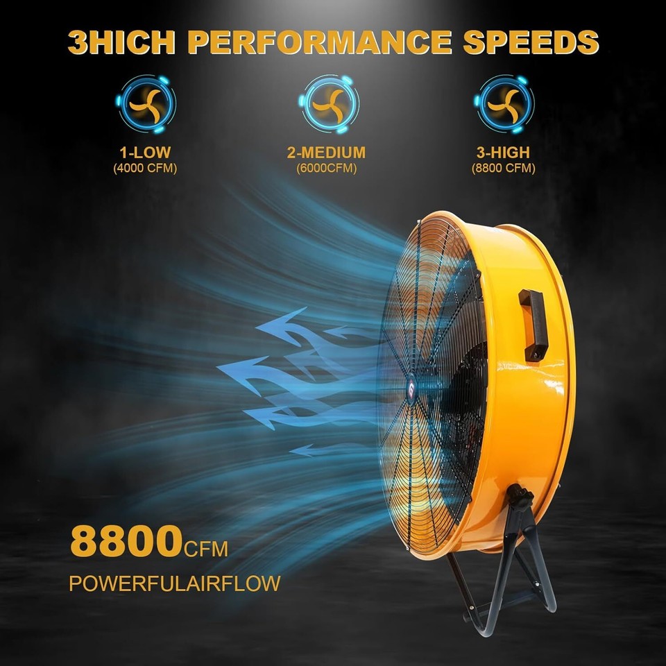24" Heavy Duty High Velocity Drum Fan,8800 CFM 3-Speed Adjustable Floor ...