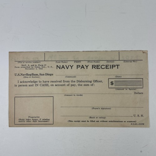 WW2 Navy Pay Receipt 1943 Nav. S. And A. Form 57 2 Pages With ...