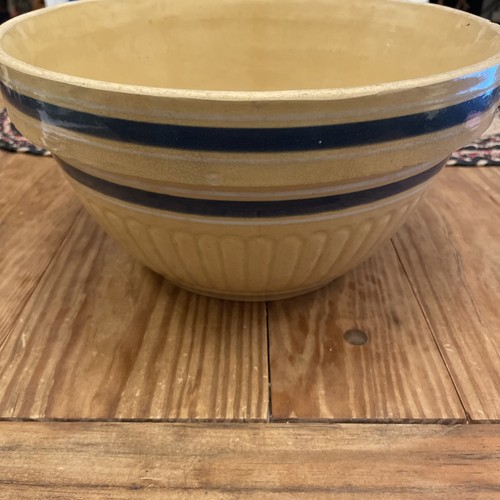 Antique Yellow Ware Blue White Striped Large Bowl Ribbed 11" Rustic ...