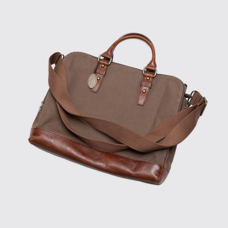 Fossil Dillon Canvas Messenger Pilot Bag Brown Leather Trim Briefcase ...