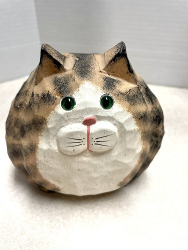 James Haddon Green Eyed Striped Hand Carved Round Wood Cat Figurine ...