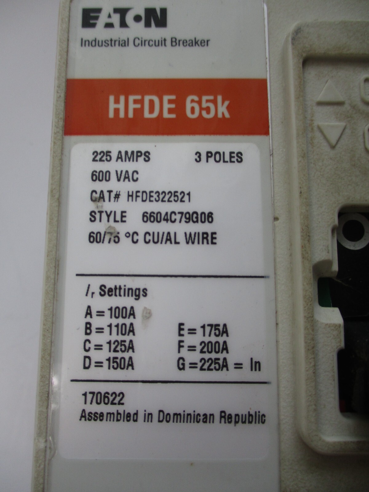EATON CAT# HFDE322521 225 AMP 600VAC CIRCUIT BREAKER, 3 POLE, | eBay