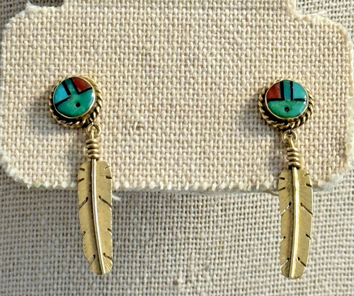 VTG Tim Bedah 14K Gold Turquoise Coral Feather Drop Earrings Navajo ...