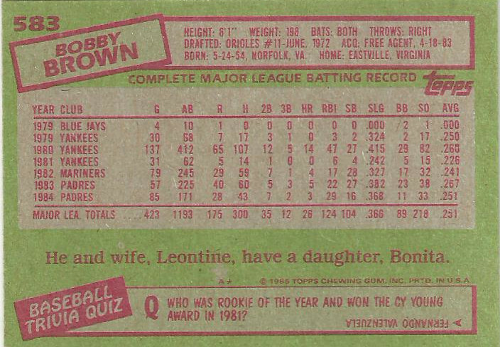 BOBBY BROWN SAN DIEGO PADRES #583 - TOPPS NM-MT 1985 | eBay