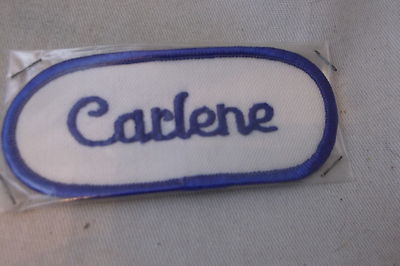 CARLENE USED EMBROIDERED SEW ON NAME PATCH TAGS OVAL BLUE ON WHITE | eBay