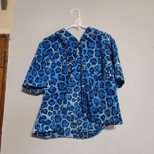 Womens Blue Leopard Top Zip Up Blouse Size 16 XL Short Sleeves Shirt ...