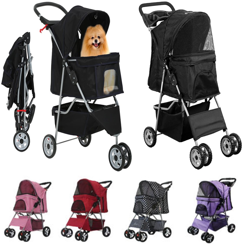 3/4 Wheels Foldable Pet Stroller Puppy Stroller with Storage Basket ...