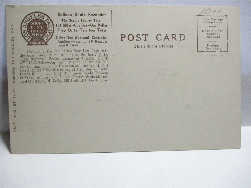 1910 LOS ANGELES PAC BALLON RTE ADV POSTCARD BEVERLY HILL BETWEEN CITY ...