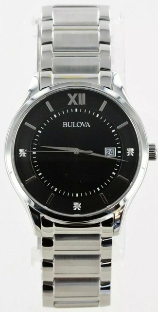 Bulova 96D142 Men's 40mm Diamond Accent Black Dial Steel Bracelet Watch ...