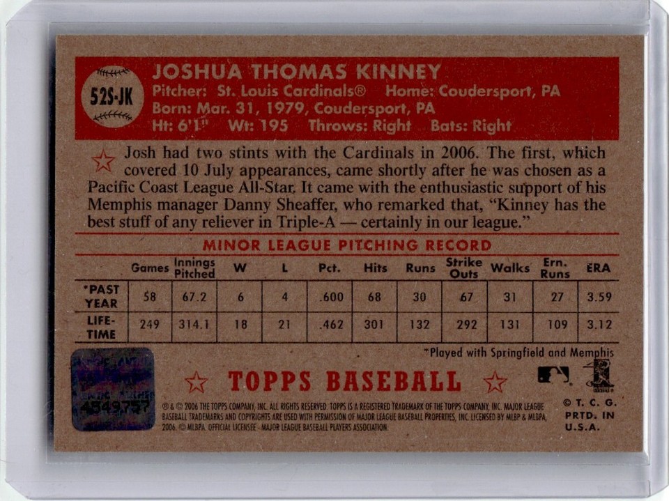 2006 Topps 1952 Edition Signatures Josh Kinney Auto St. Louis Cardinals ...