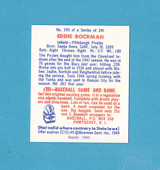 1949 Bowman Reprint #195 Eddie Bockman Card - Pittsburgh Pirates | eBay