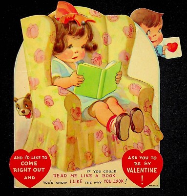 Girl Reading Book With Dogs Vintage Mechanical Valentine Read Me Like A ...