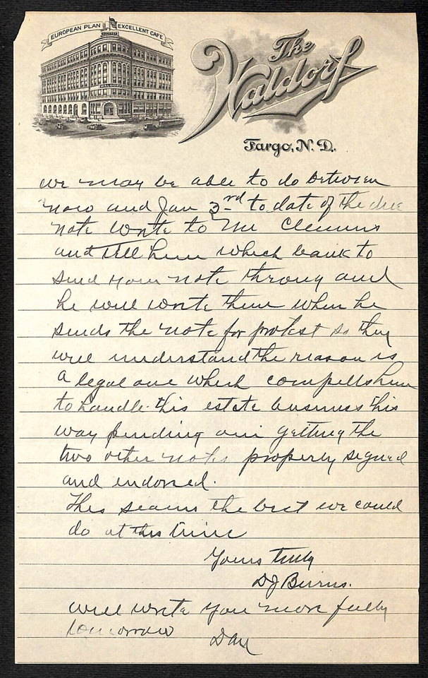 The Waldorf Hotel Fargo, ND c1910-15 2pp Stationary Letterhead ALS ...
