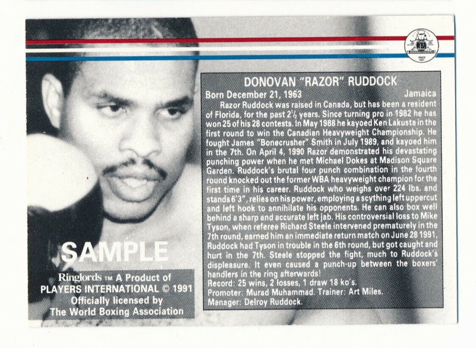 Rare 1991 Ringlords SAMPLE Donovan RAZOR Ruddock ROOKIE Boxing Card ...