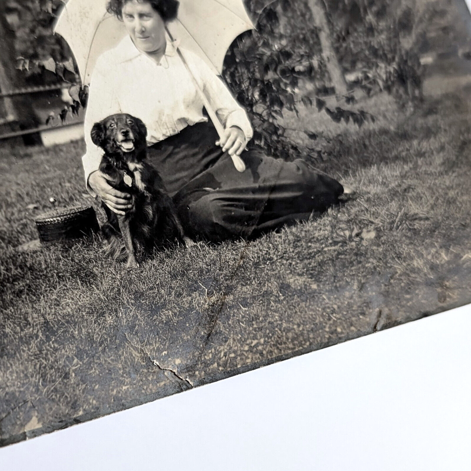 Snapshot Photo Woman Outdoors With Small Dog Parasol Umbrella Antique ...