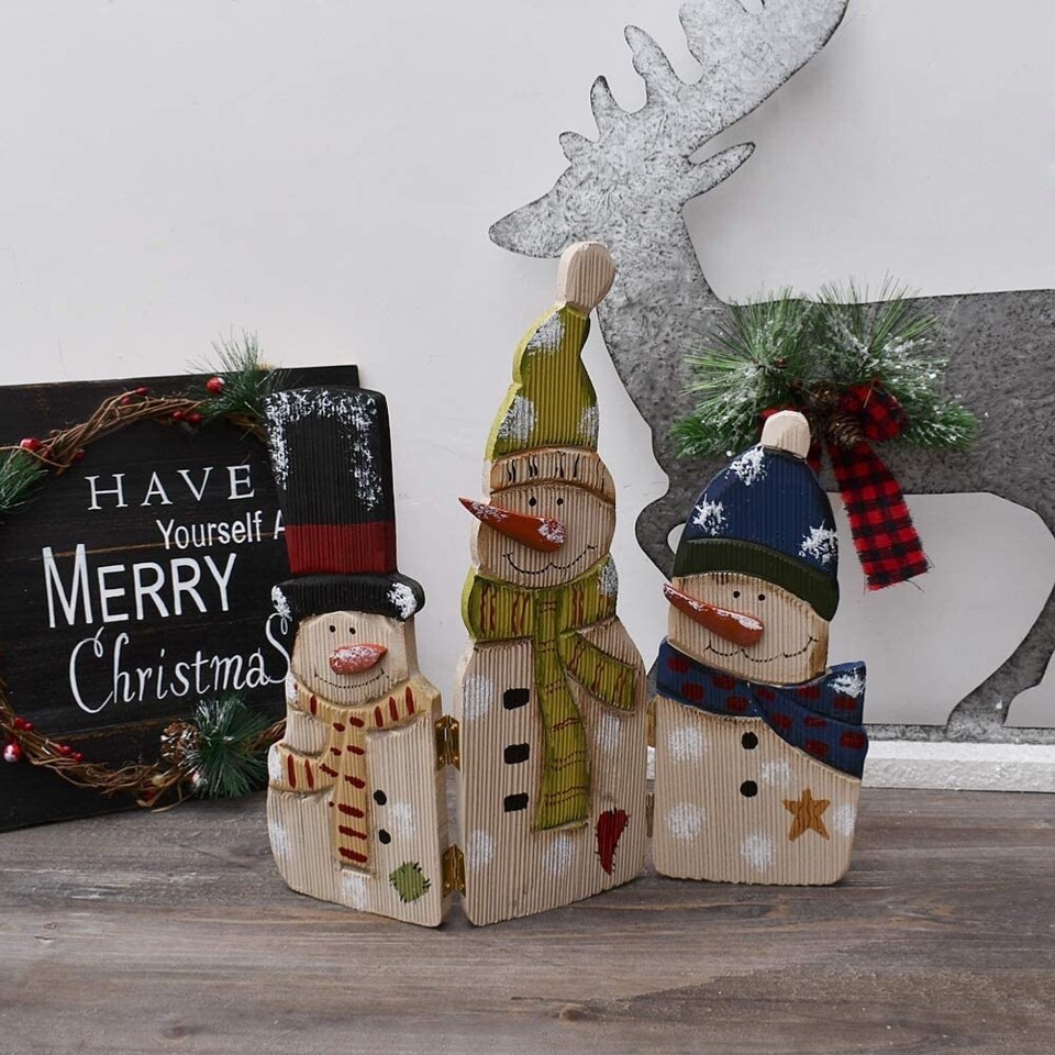 Wood Snowman Tabletop Decoration Triple Snowman Decorative Folding ...