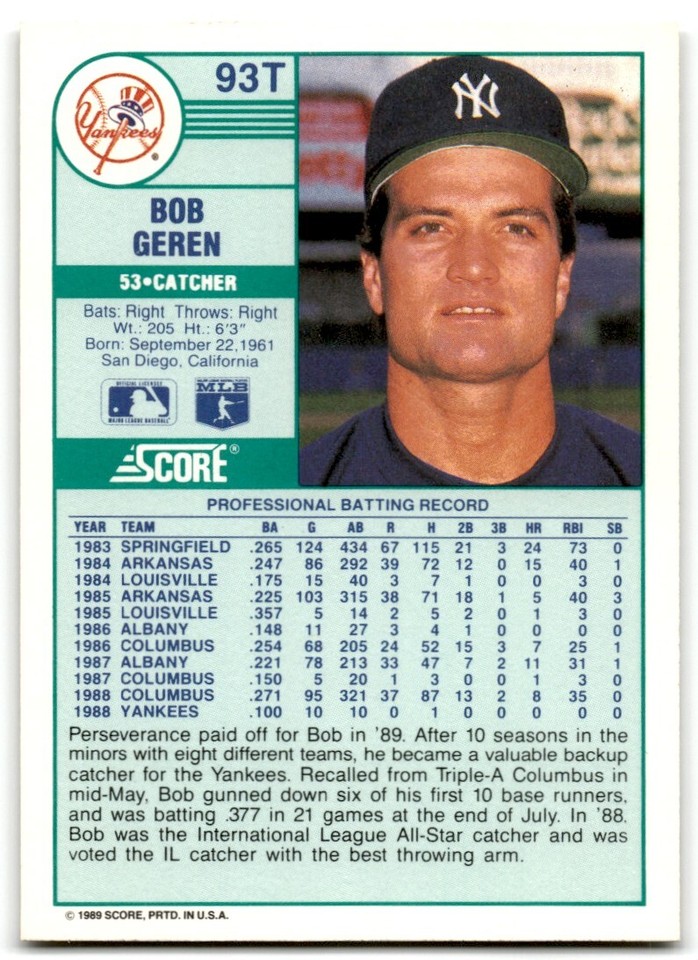 1989 Score Rookie & Traded Bob Geren Rookie New York Yankees #93T | eBay