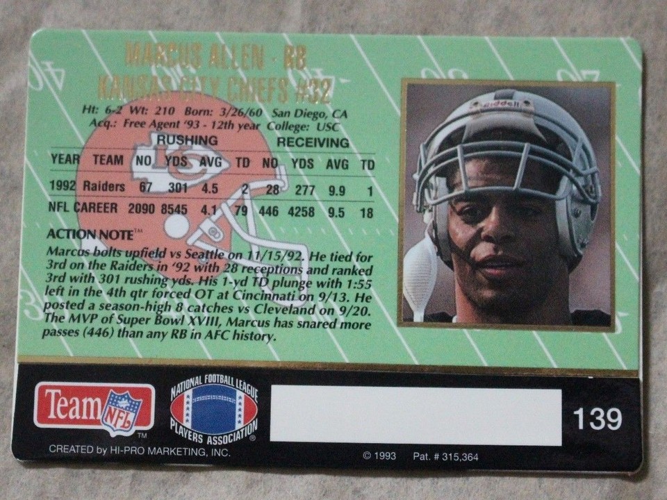 1993 Hi Pro Action Packed Marcus Allen Raiders / Kansas City Chiefs ...