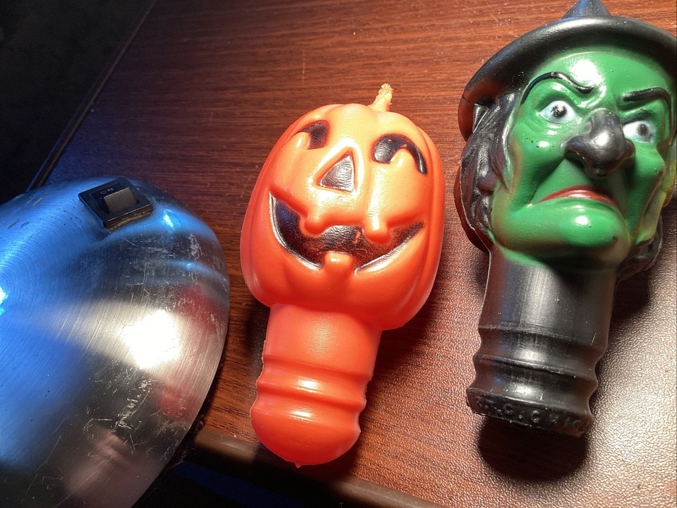 2 Vintage Halloween Candy Cane Topper’s Green Face Witch Head & Pumpkin ...