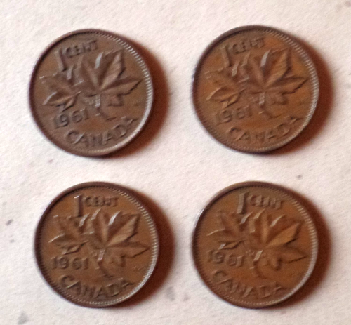 4 Vintage 1961 CANADA 1 CENT ELIZABETH II DEI GRATIA REGINA Bronze Tone ...