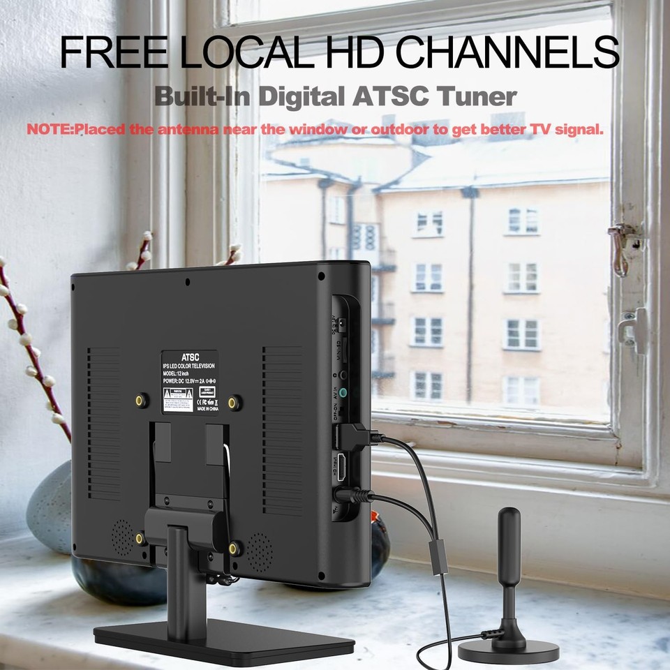 Portable Flat Screen TV,12inch Small Kitchen TV with Batteries-HDMI,USB ...